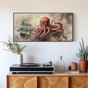 Kraken Destroying a Ship Watercolor Art - Kraken Framed Poster - Kraken ...