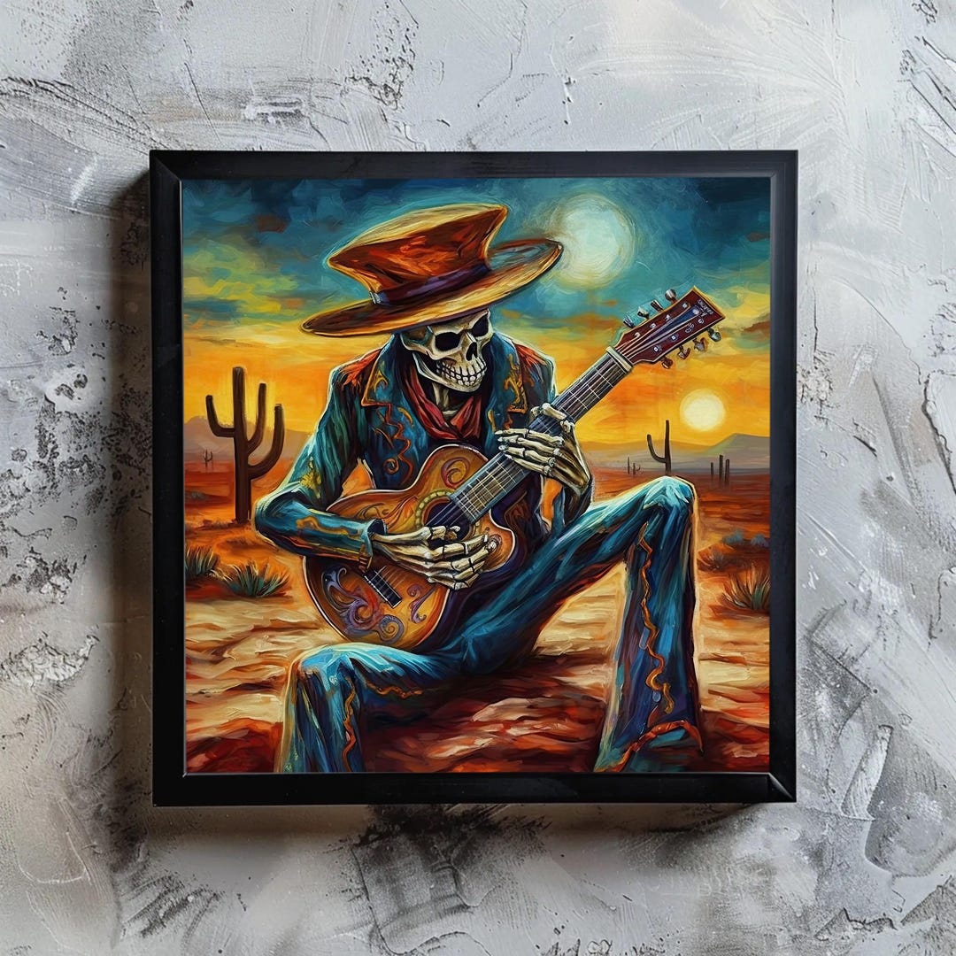 Mexican Skeleton Cow Boy Guitarist Art Print Mariachi Guitarist Chicano ...