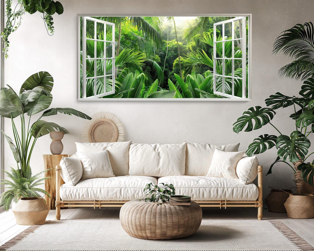 Tropical Green Jungle 3D Faux Window View - Exotic Nature Canvas Art ...