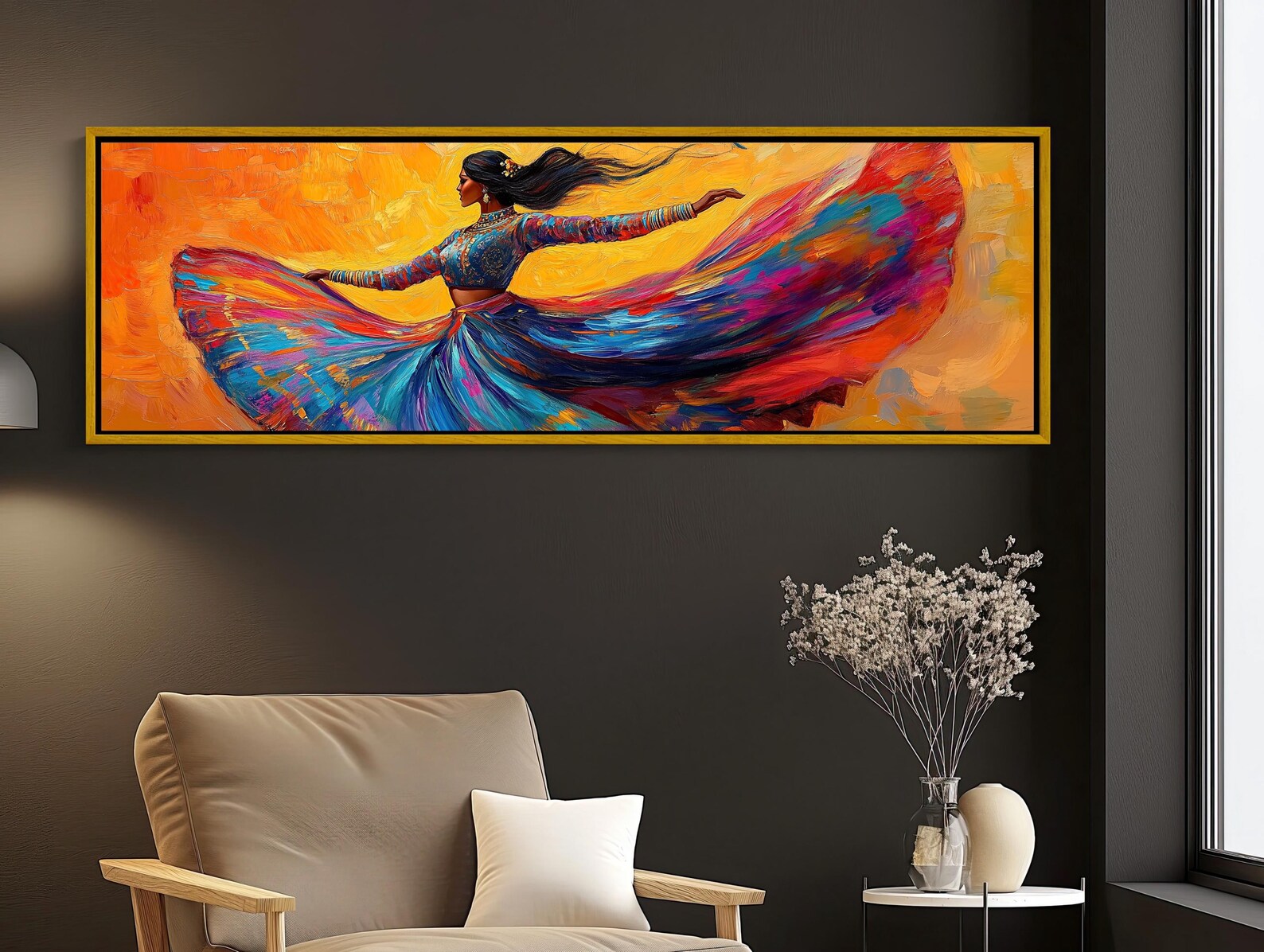 Traditional Indian Woman Dancing Panoramic Painting Canvas Print ...