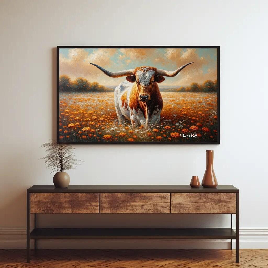 Golden Longhorn in Wildflower Meadows Oil Painting Print, Texas Long ...