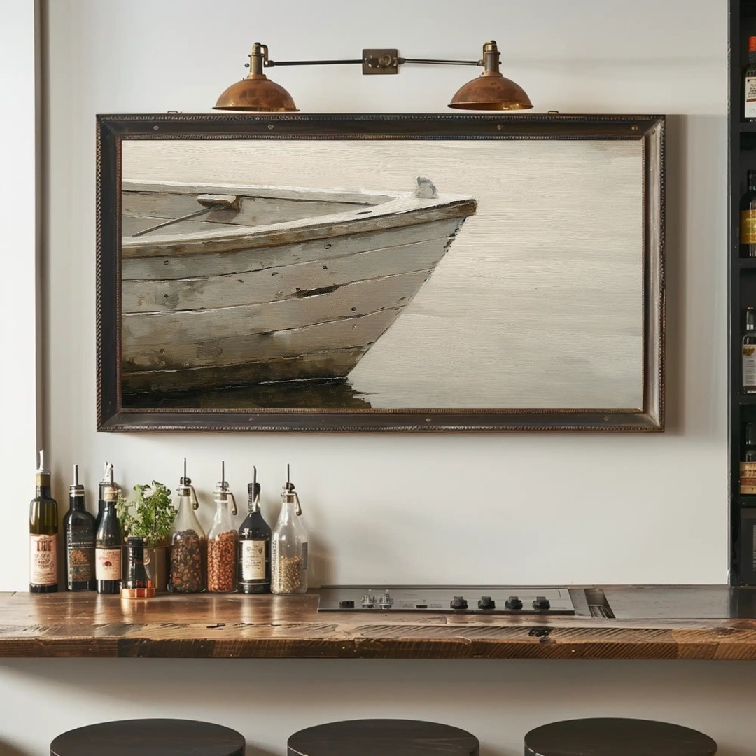 Close-up Old Wooden Boat Oil Painting, Rustic Lake House and Boathouse ...