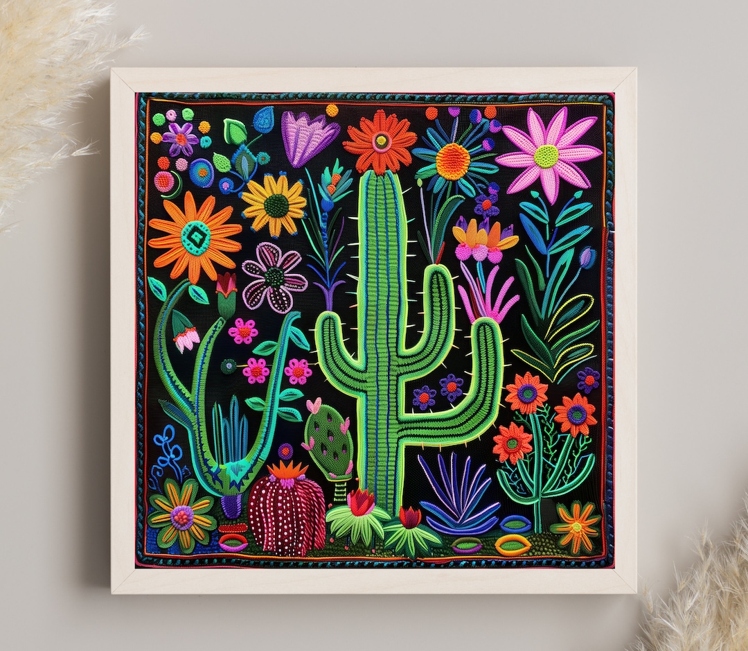 Mexican Cactus Flower Huichol Wall Art - Yarn Painting - Modern Mexican ...