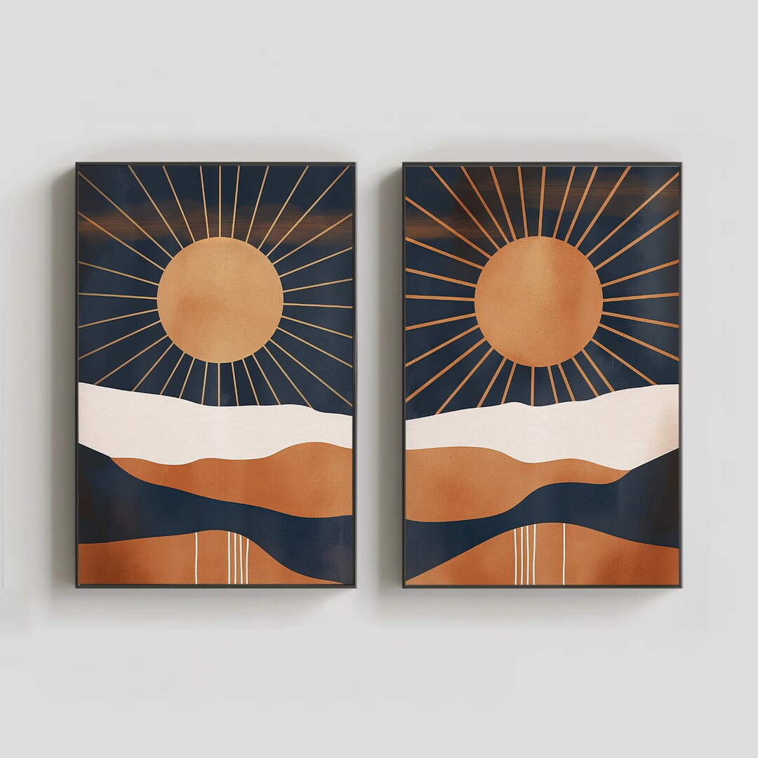 Boho Chic Sun Art Set of 2 - Mid-century Modern Abstract Canvas Prints ...