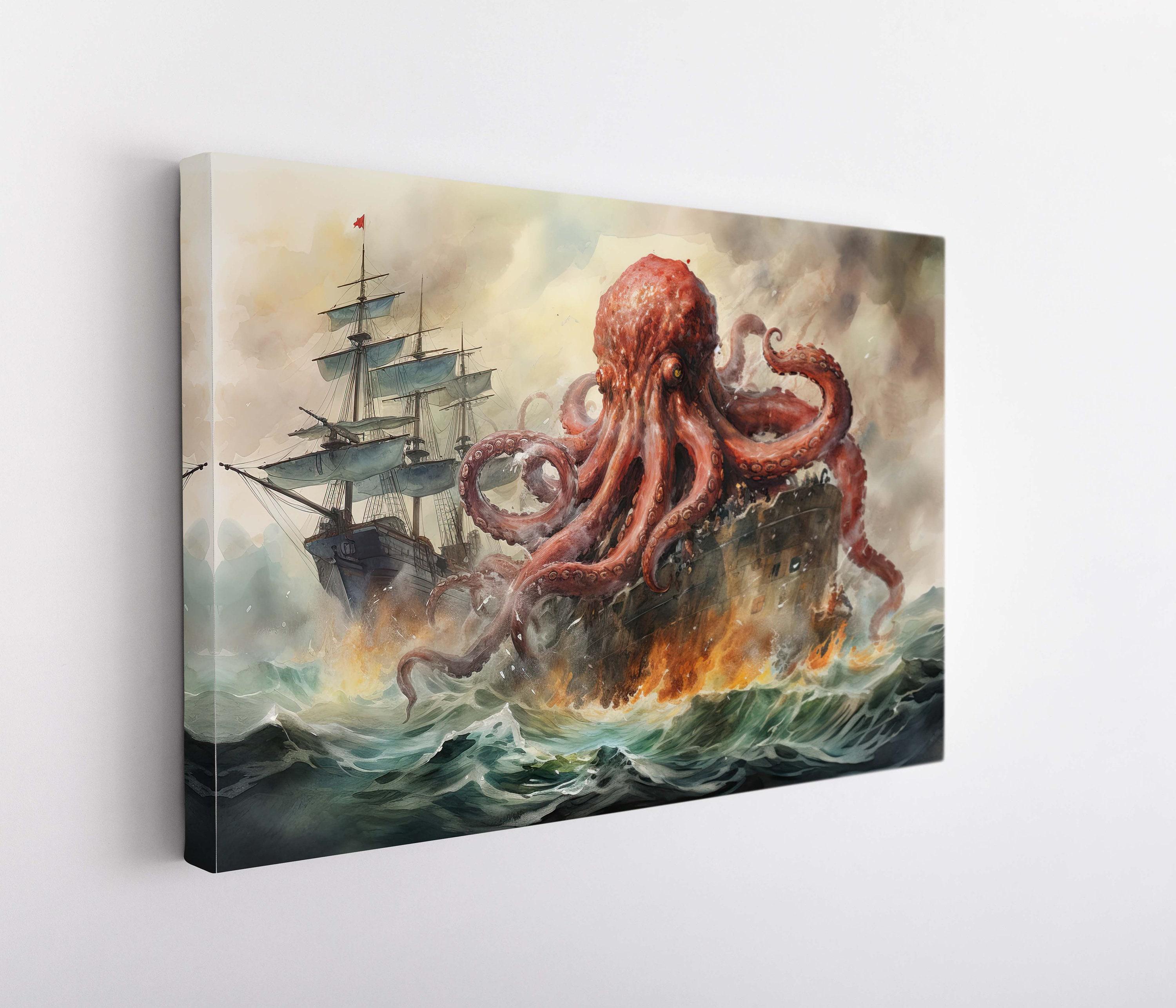 Kraken Destroying a Ship Watercolor Art - Kraken Framed Poster - Kraken ...