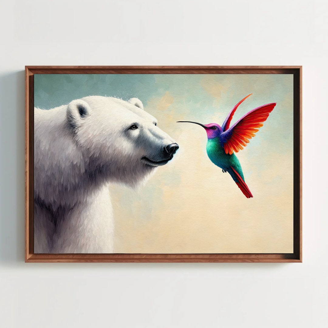 Polar Bear Meets Hummingbird Bear Oil Painting, Animal Wall Art, Framed ...