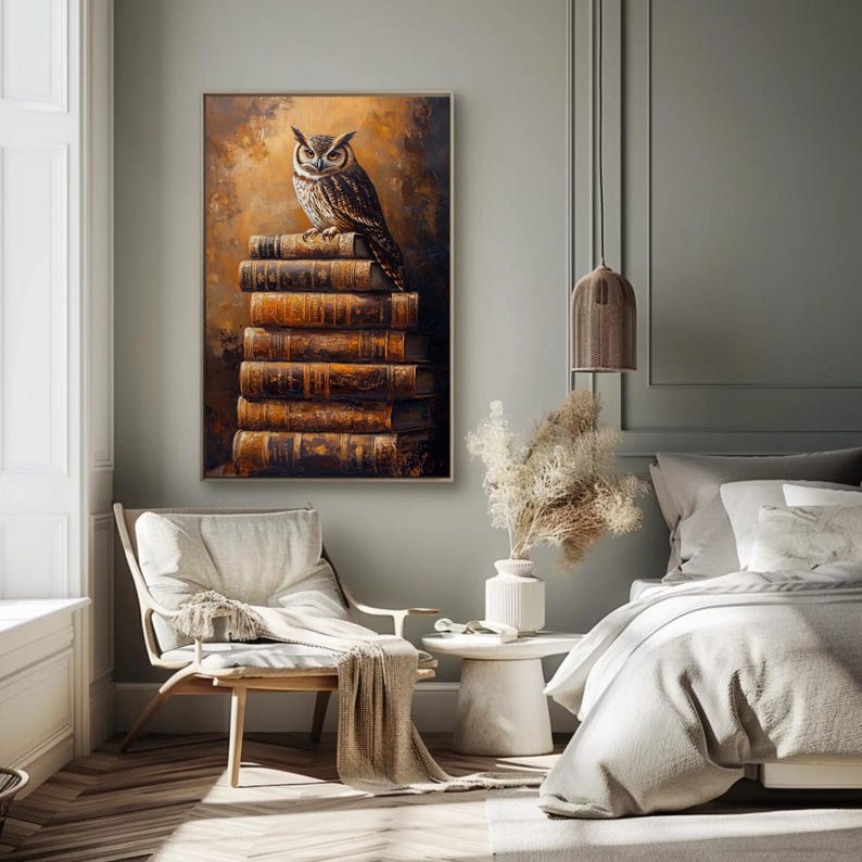 Owl on Vintage Books Canvas Wall Art | Dark Academia Oil Painting Style ...