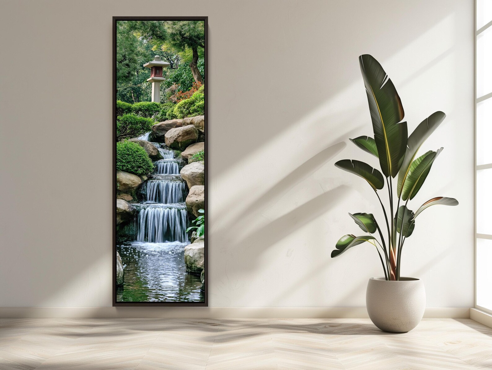 Green Waterfall Canvas Print, Long Vertical Panoramic Framed Wall Art ...