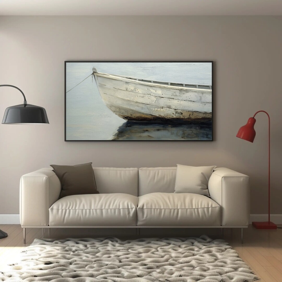 Vintage Wooden Boat Oil Painting, Rustic Lake House Wall Art, Nautical ...