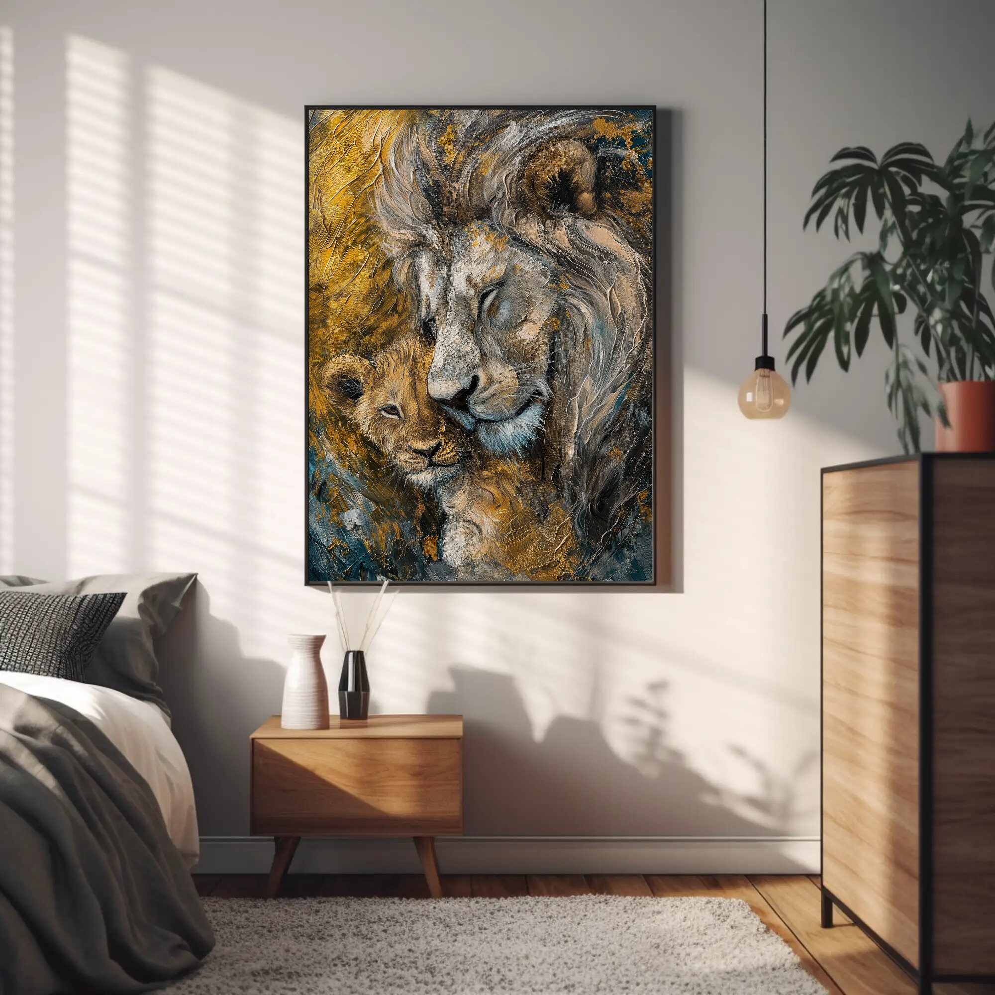 Father Lion With His Cub Canvas Print, Framed Poster Lion Wall Art ...