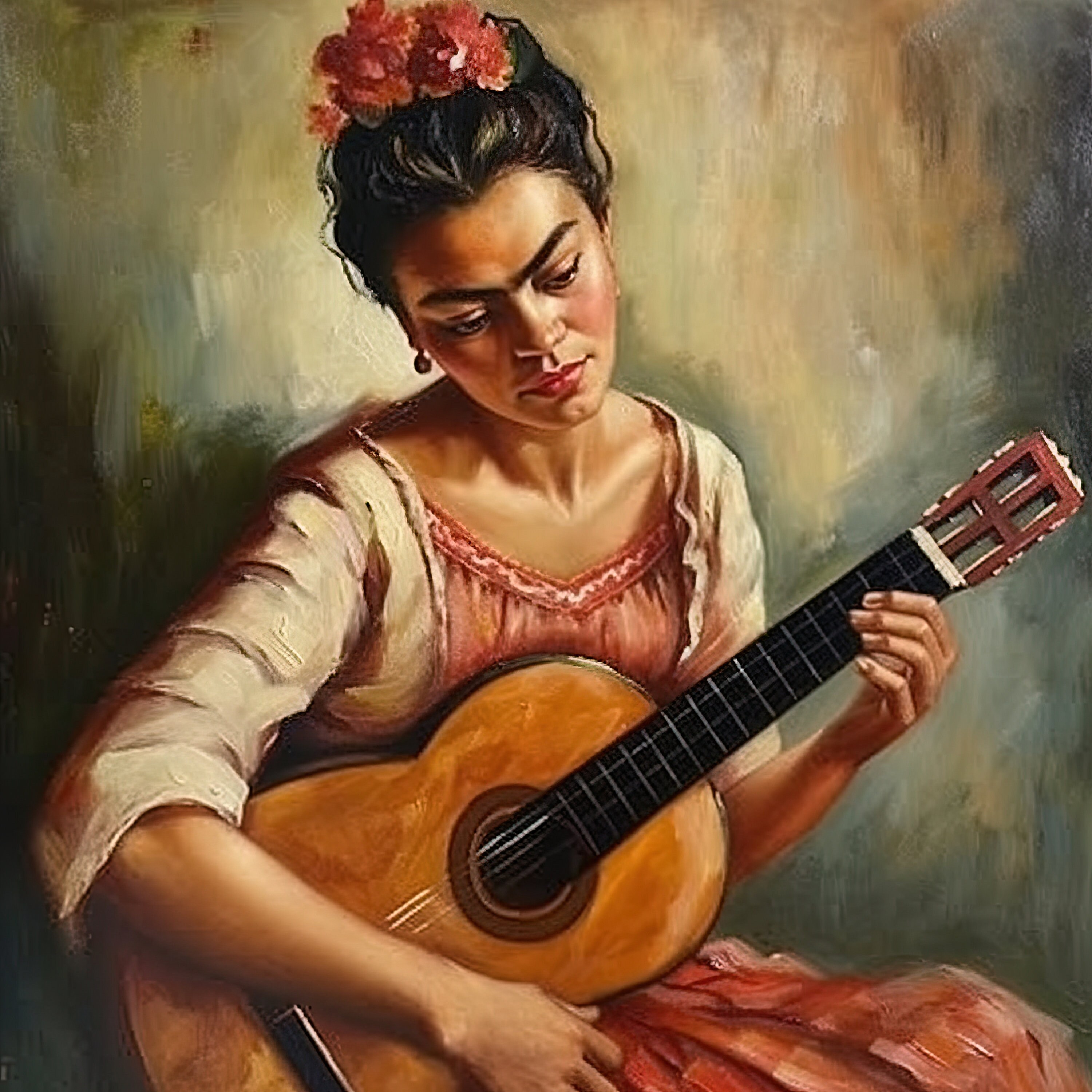 Frida Kahlo Playing Guitar Oil Painting, Mexican Wall Art, Mexican ...