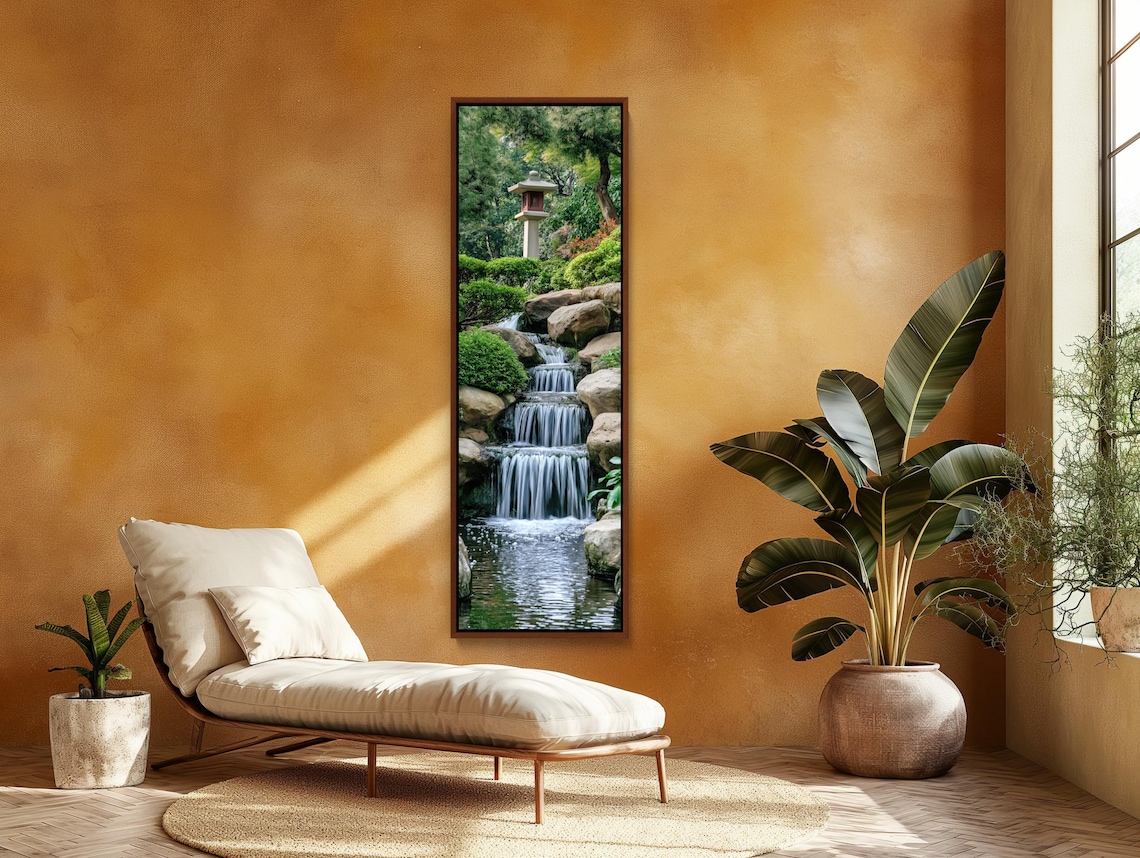 Green Waterfall Canvas Print, Long Vertical Panoramic Framed Wall Art ...