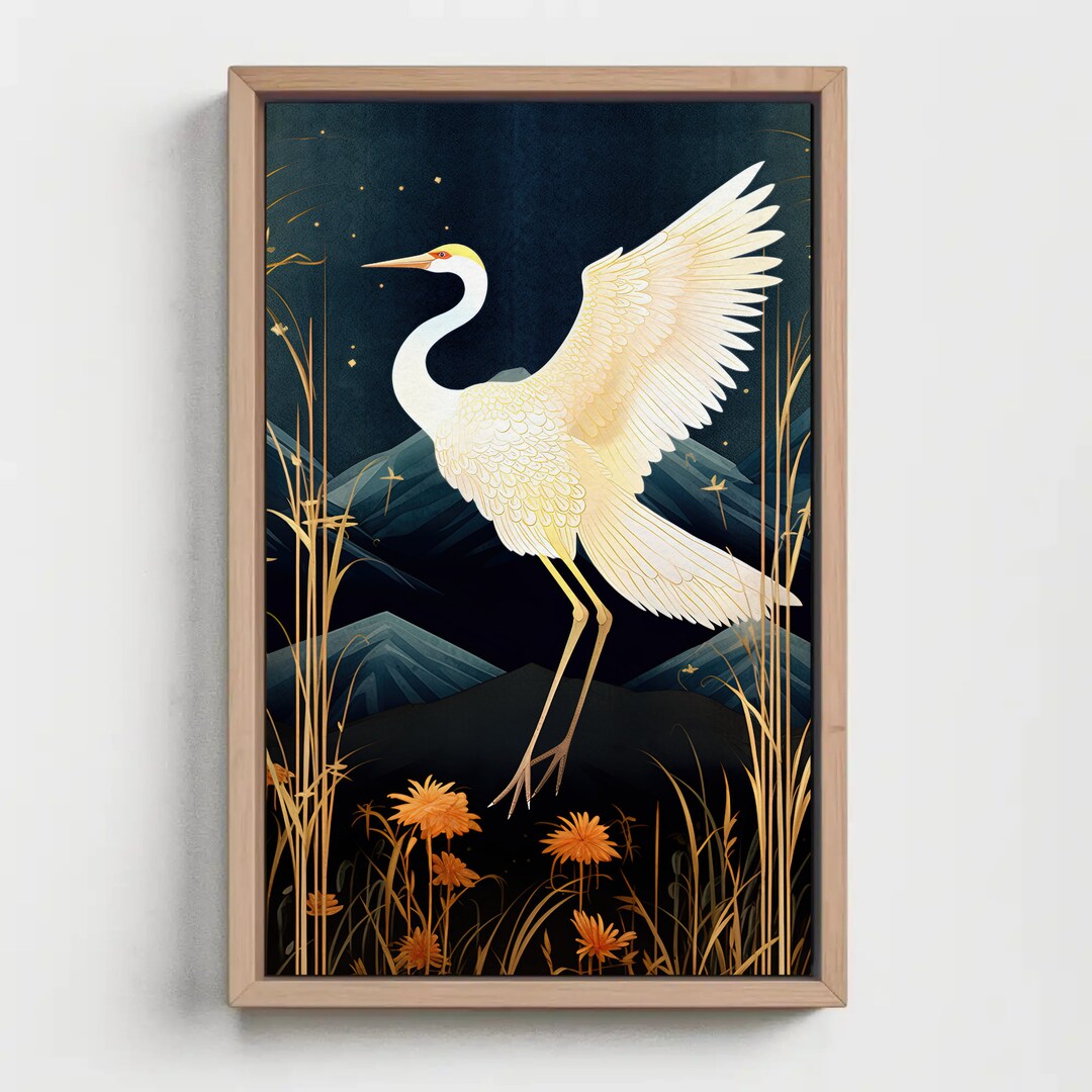 Elegant White Crane Fly Canvas Print Bird Wall Art Crane Poster Print ...