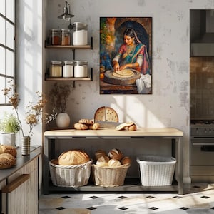 Indian Kitchen Wall Art Canvas, Traditional Indian Woman Making Roti ...