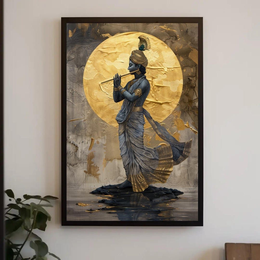 Lord Krishna Canvas Art – Golden Moon, Hindu Spiritual Decor - Etsy