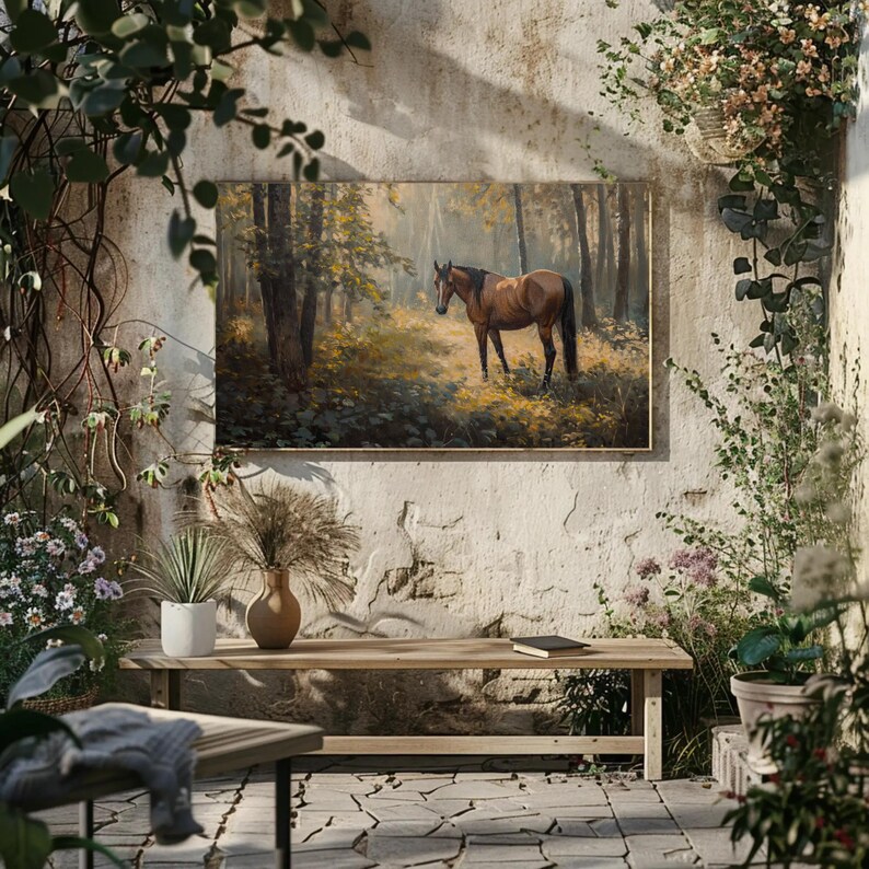 Horse in the Woods Canvas Painting, Framed Print, Perfect for Rustic ...