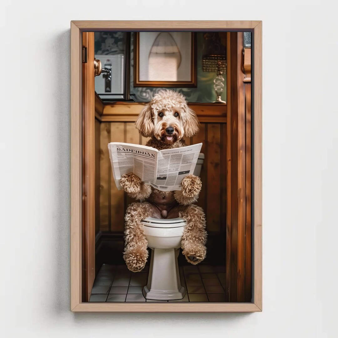 Doodle Dog on Toilet Reading Newspaper | Funny Bathroom Art | Toilet ...