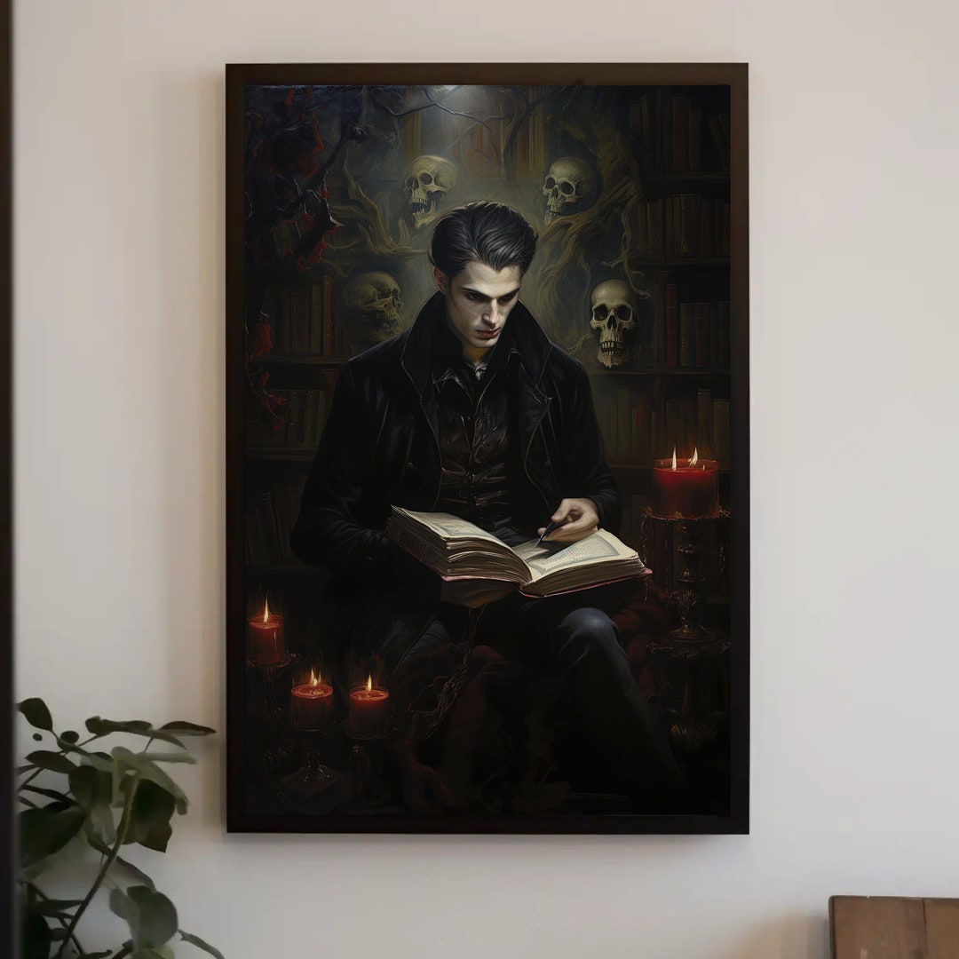 Vampire Reading a Book Portrait Large Canvas Painting Halloween Gothic ...