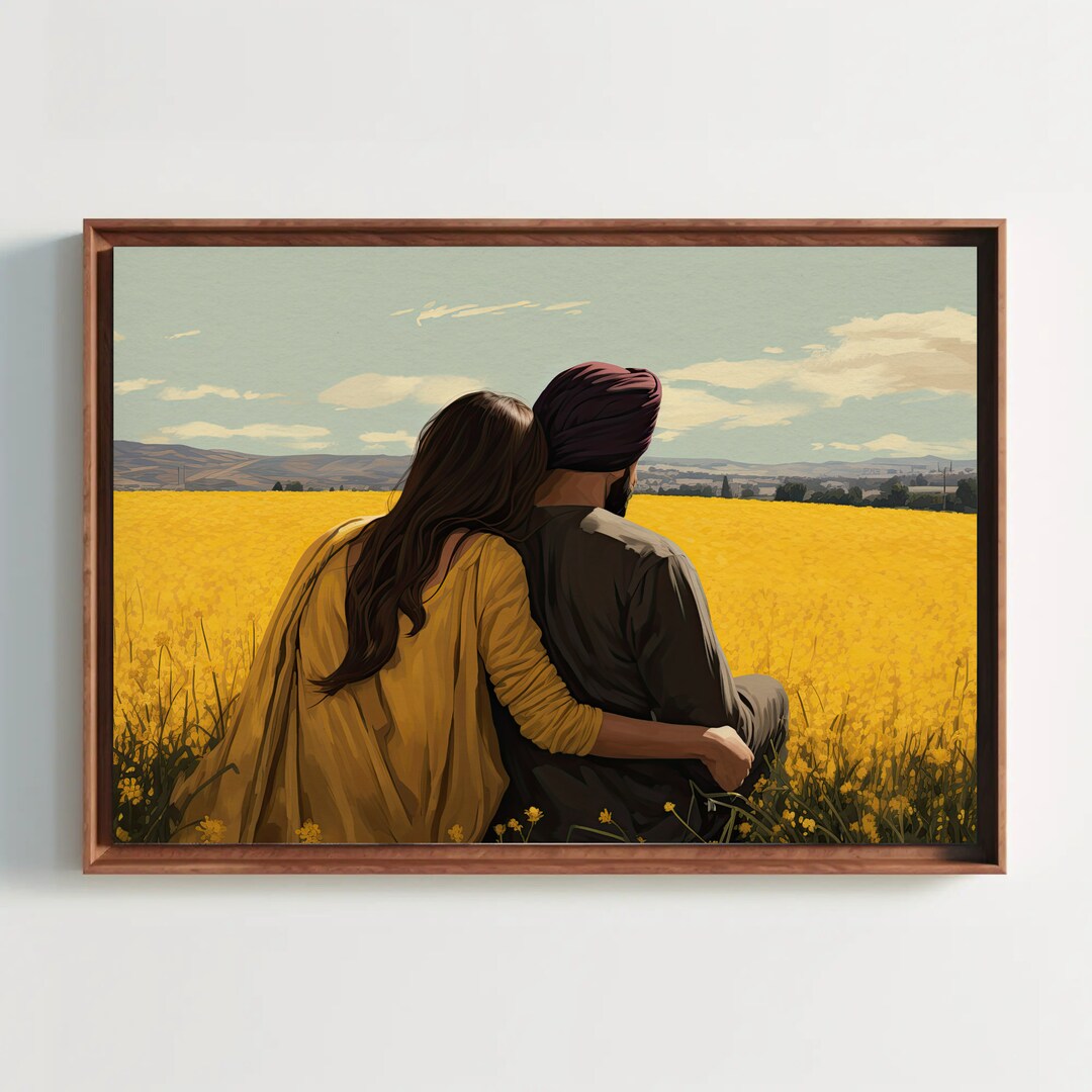 Punjabi Sikh Couple at Sarso Farm Painting, Punjabi Wall Art, Punjab ...
