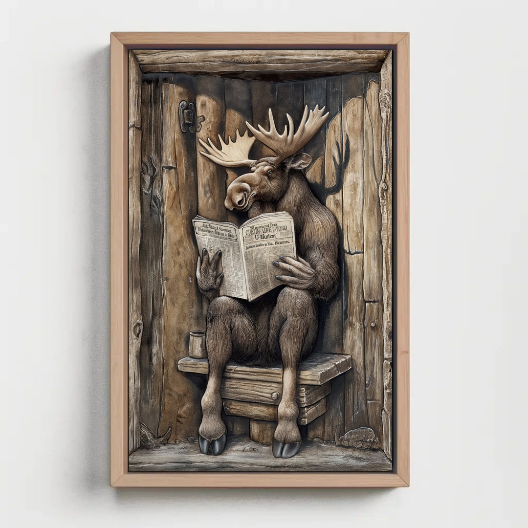 Moose Sitting on a Toilet Reading Newspaper Canvas Print, Moose Wall ...