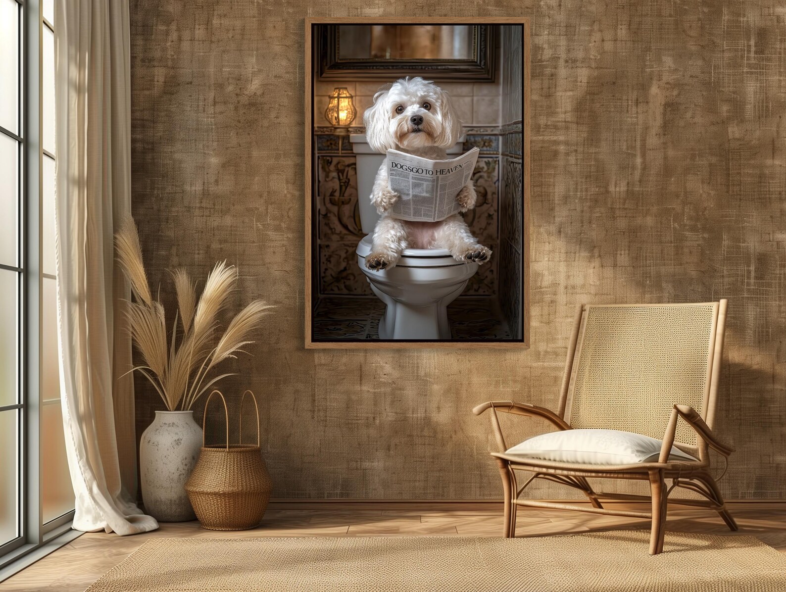 Maltese Poodle Dog on Toilet Reading Newspaper Canvas Print - Funny ...
