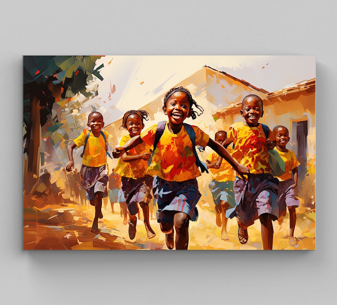 School Children in a African Town Scenery Painting - Black Art ...