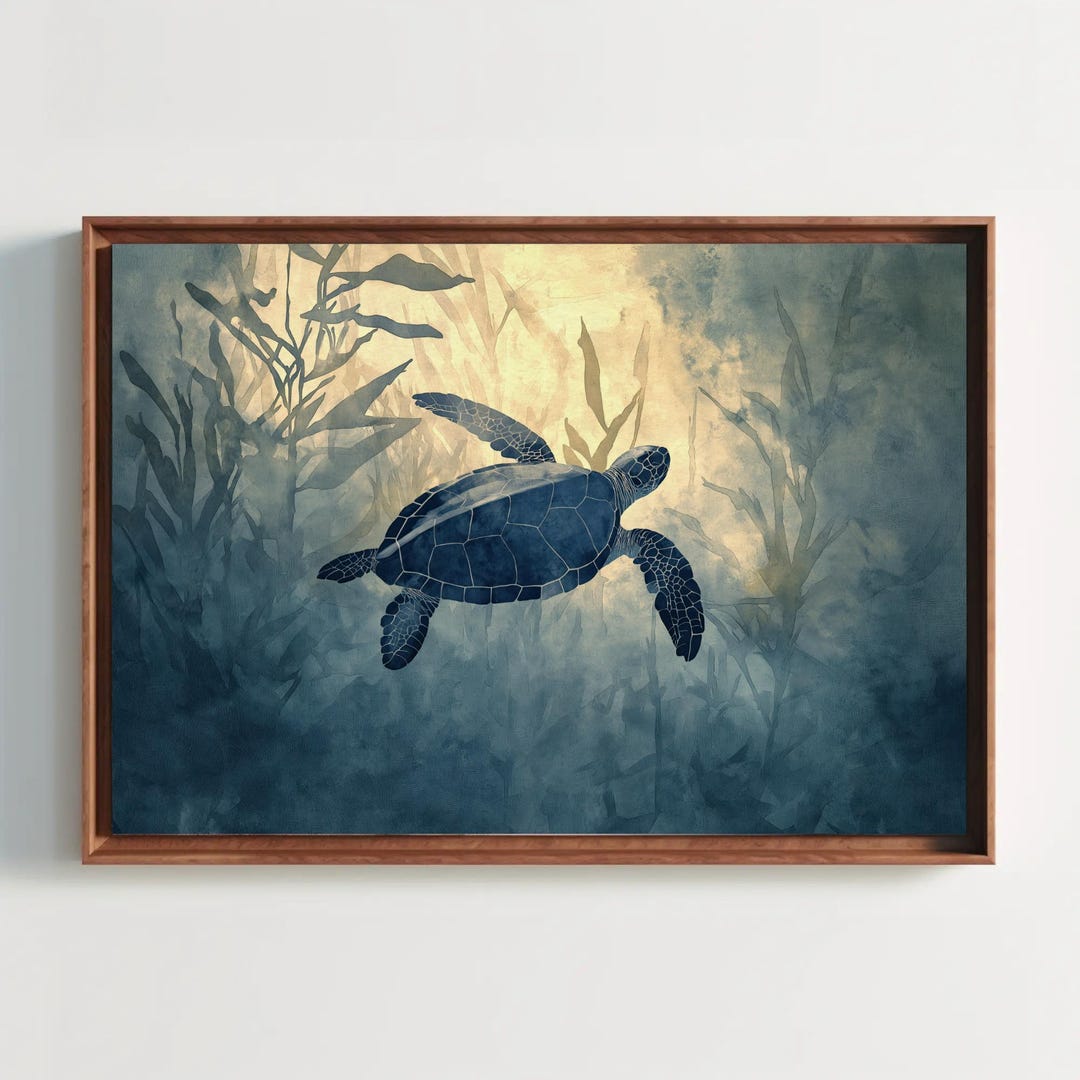 Turtle in Seagrass Ocean Wall Art, Coastal Sea Life Canvas Print ...