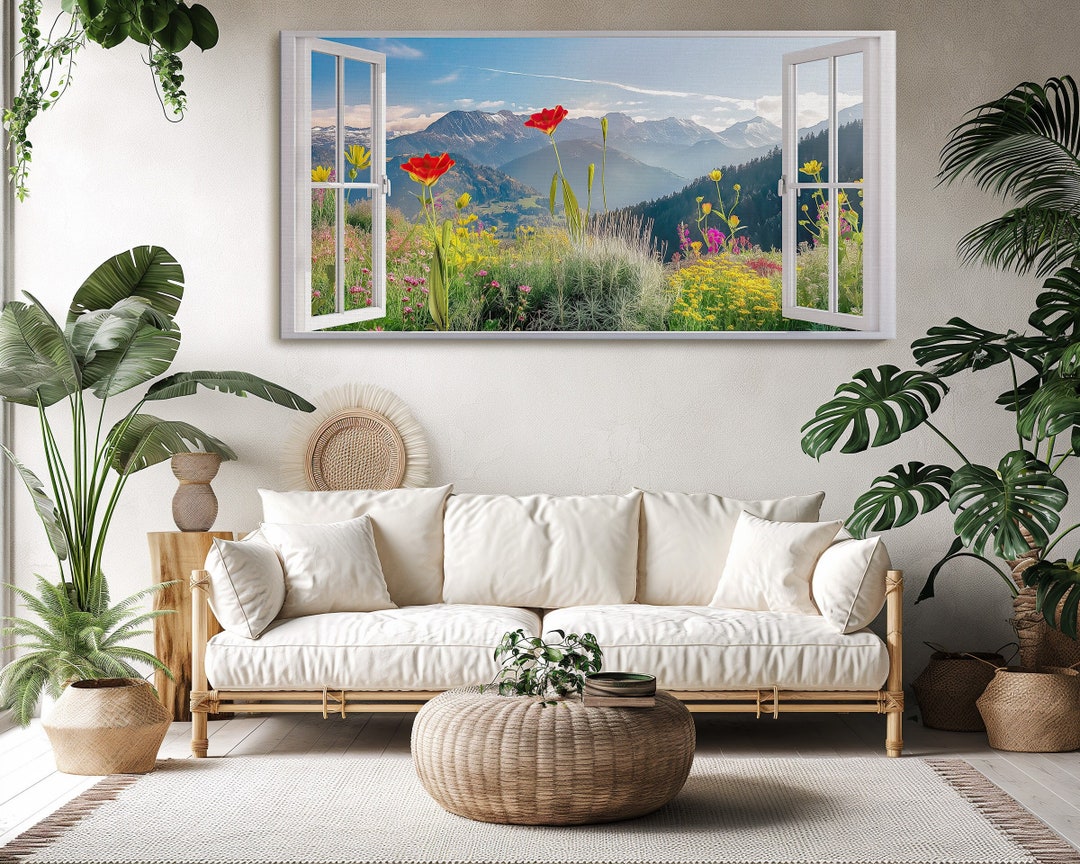 Mountain and Flowers 3D Faux Window View Scenic Nature Canvas Art Fake ...