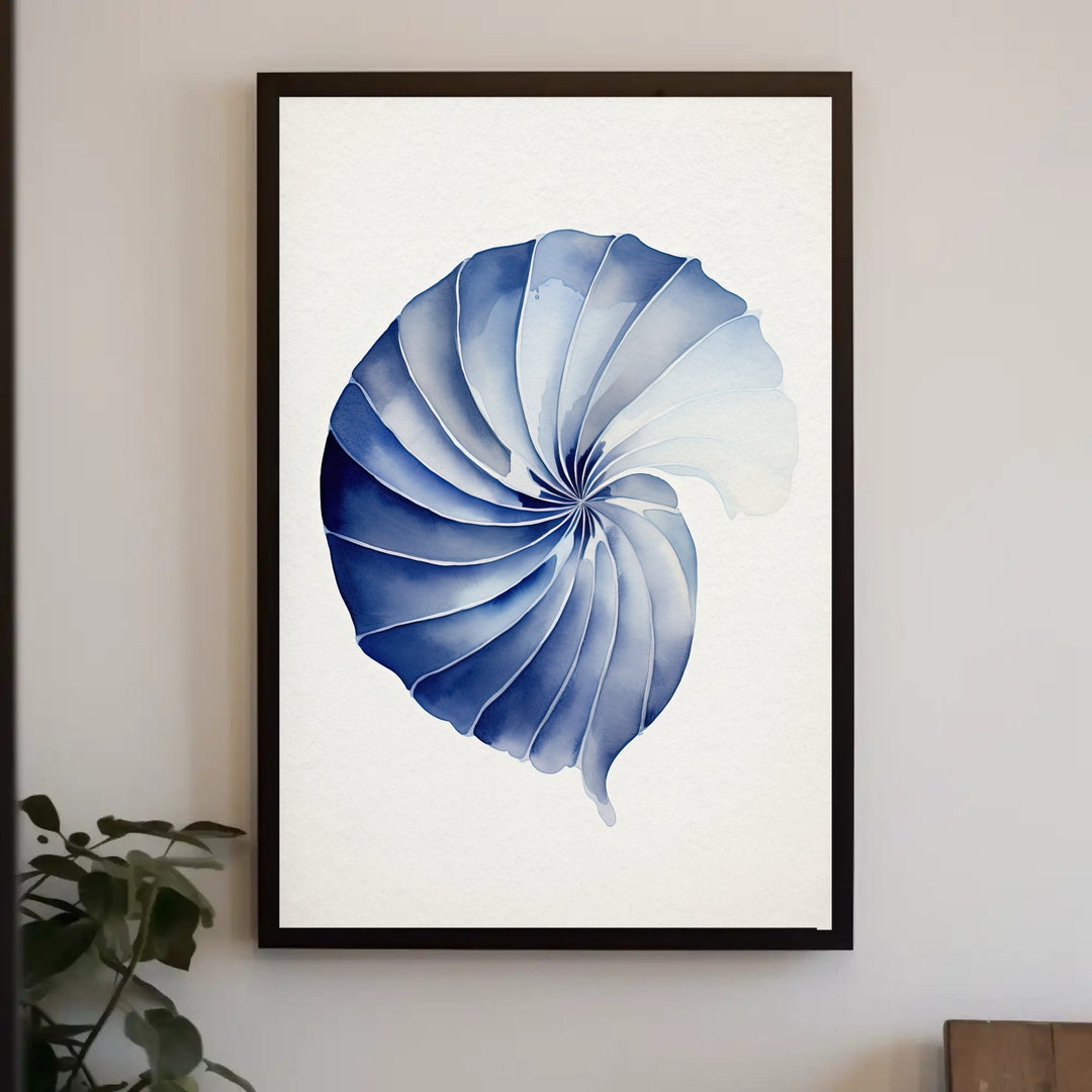 Navy Blue Seashell Watercolor Ink Painting, Sea Shell Minimalist Home ...
