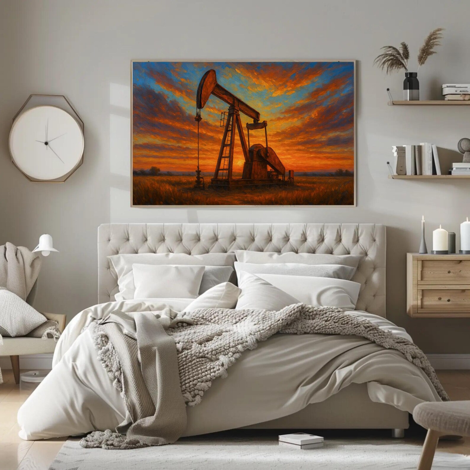 Texas Oil Rig Sunset Canvas Print Pumpjack Landscape Painting Western ...