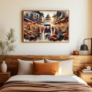 Indian Bazaar Painting, Framed Canvas Print, Spices Herbs Market ...