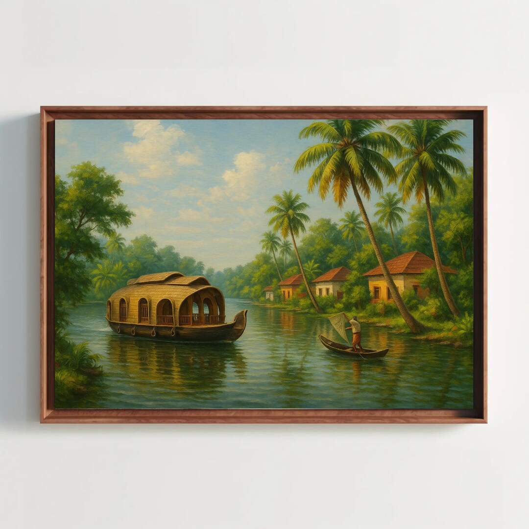 Kerala Backwaters Canvas Print Tropical Boat Landscape Painting Indian ...