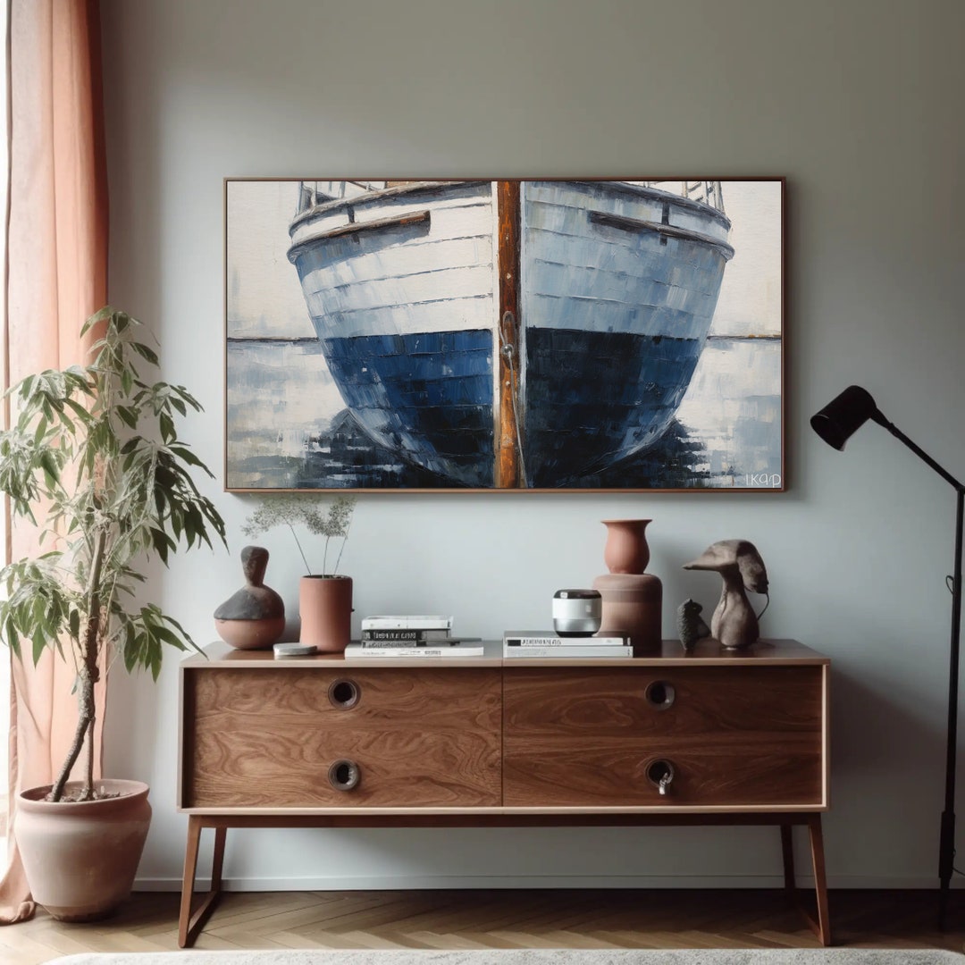 Rustic Boat Large Canvas Print, Beach House Decor, Navy Blue Boat ...