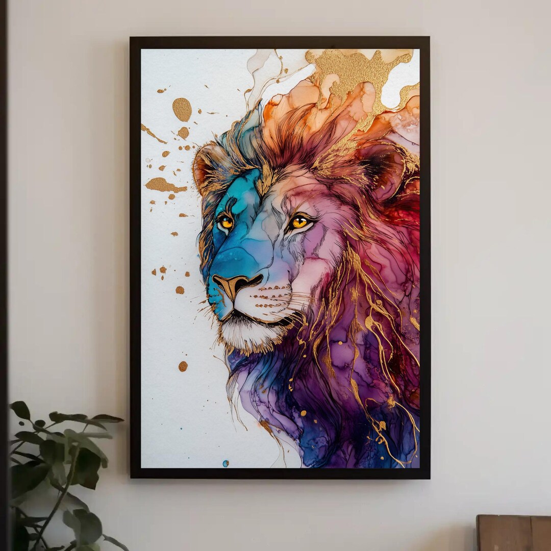 Lion Colored Alcohol Ink Gold Accents Canvas Print Abstract Wildlife ...