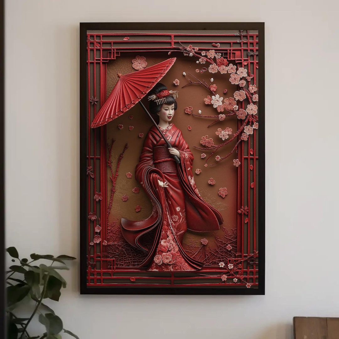 3D Japanese Geisha With Umbrella Canvas Art, Elegant Asian Wall Decor ...