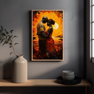 Retro Sunset Black Couple Wall Art Poster, African Landscape Bakcground, Black Couple Art, Black ...