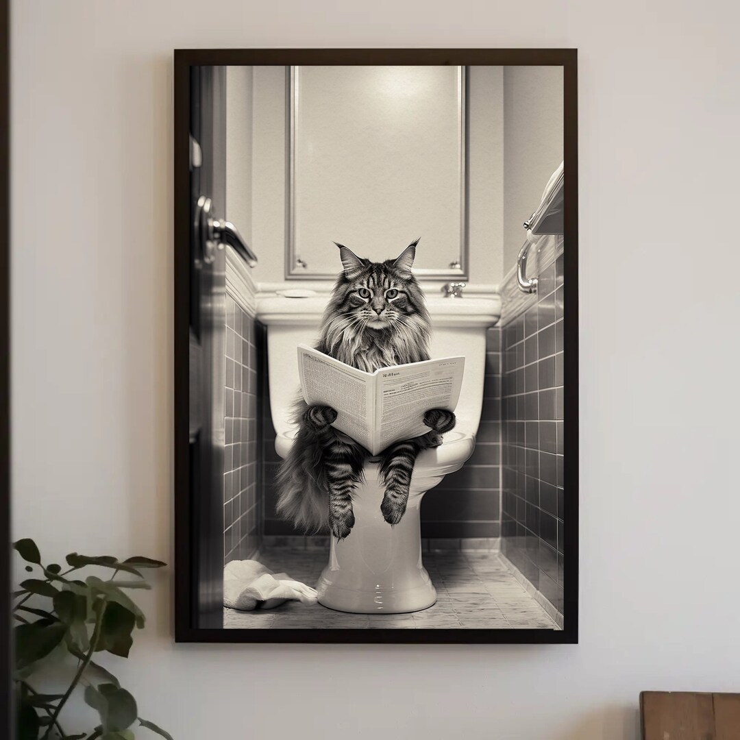 Exotic Shorthair Cat Reading Newspaper on the Toilet Funny Bathroom Art ...