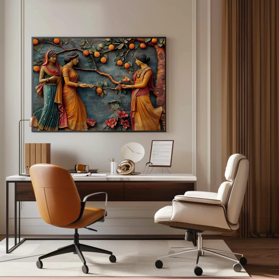 Indian Women Under Orange Tree Large Canvas Wall Art Colorful Indian ...