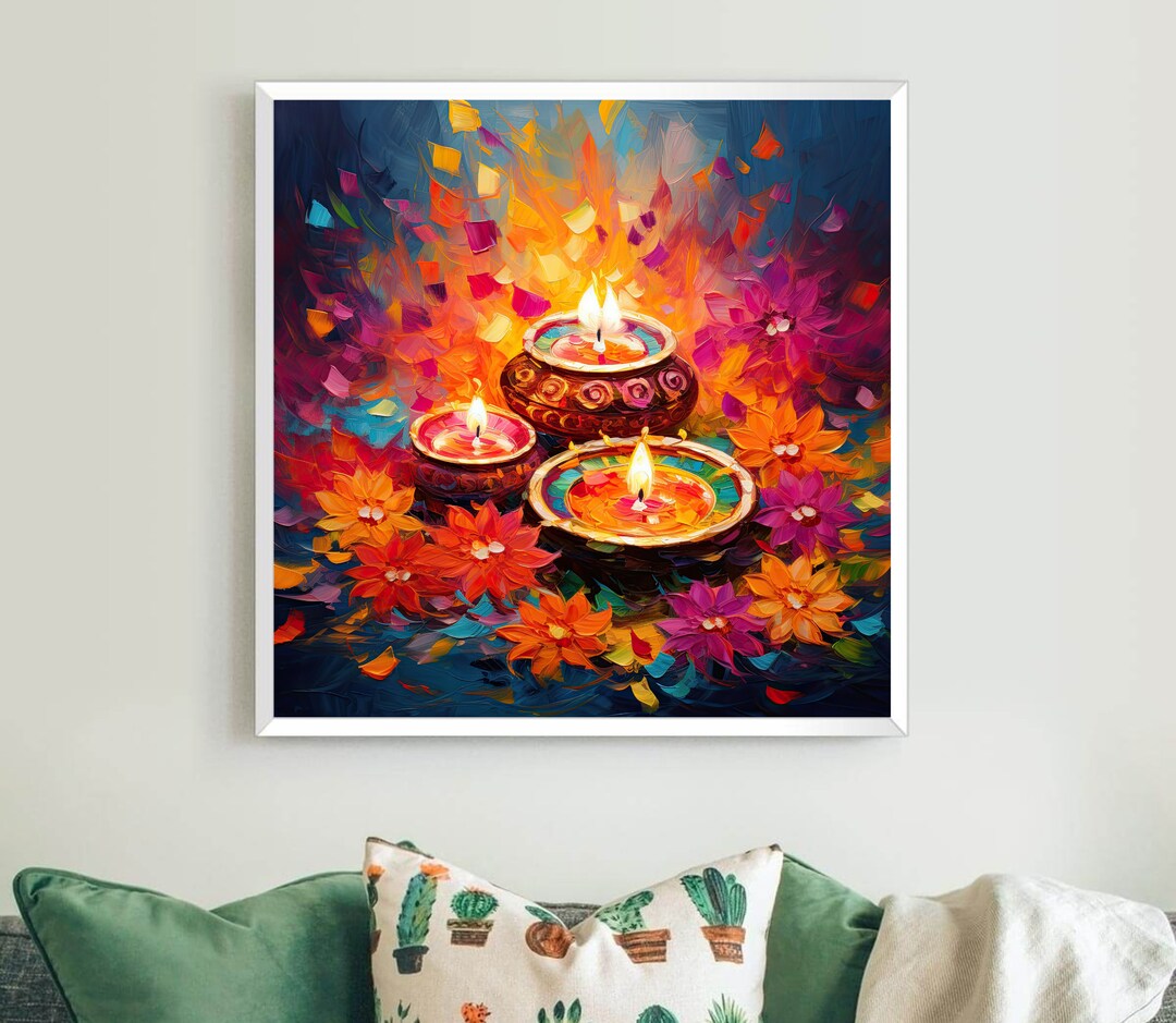 Diwali Diya Oil Painting Artwork Framed Print Large Canvas Diwali Gift ...