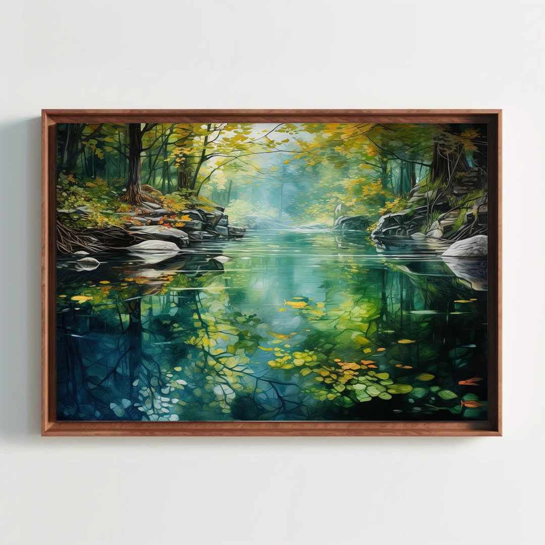 Green Forest Reflection in a Lake Painting | Tropical Wall Art | Nature ...