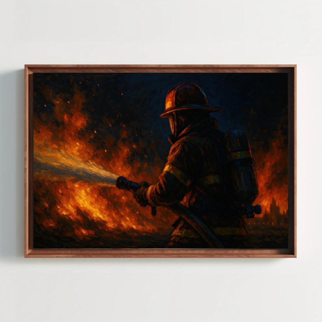 Brave Firefighter Battling Blaze Canvas Print – Hero Fireman Painting ...
