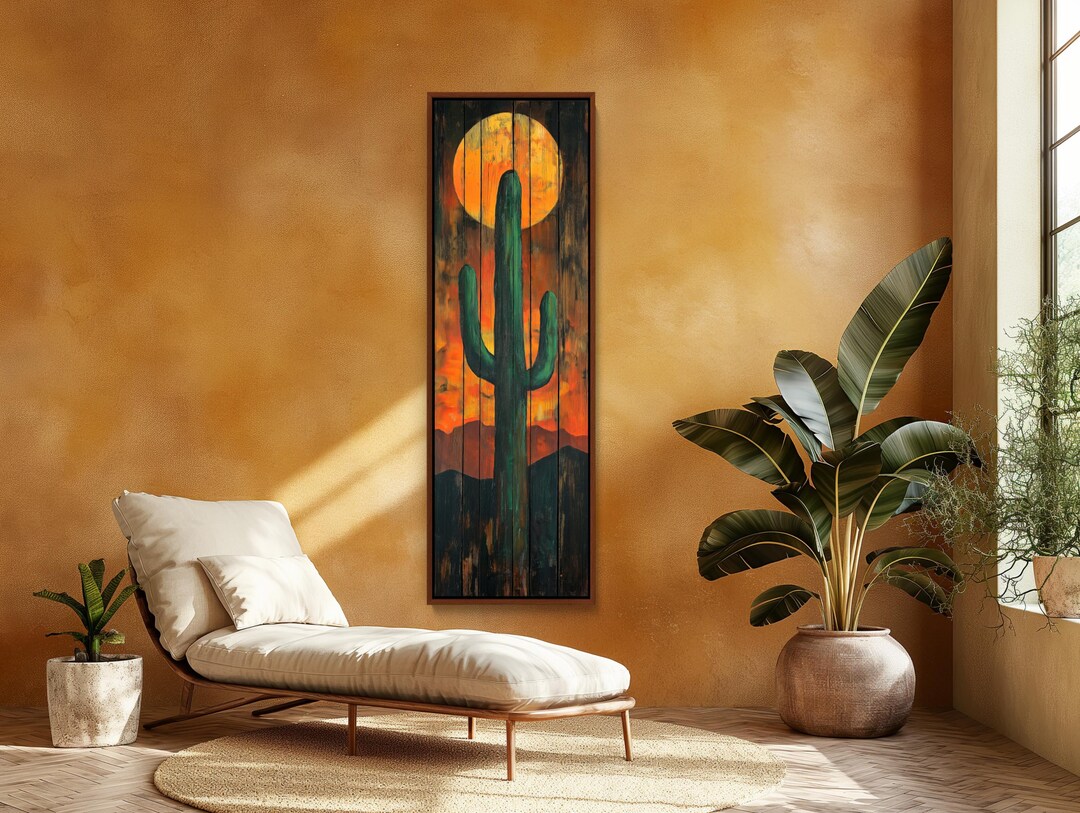 Tall and Narrow Cactus Wood Wall Art - Rustic Desert Sunset Painting ...