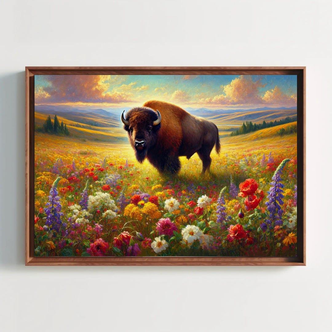 Bison in Spring Flower Field Canvas Print | Rustic Wildlife Oil ...