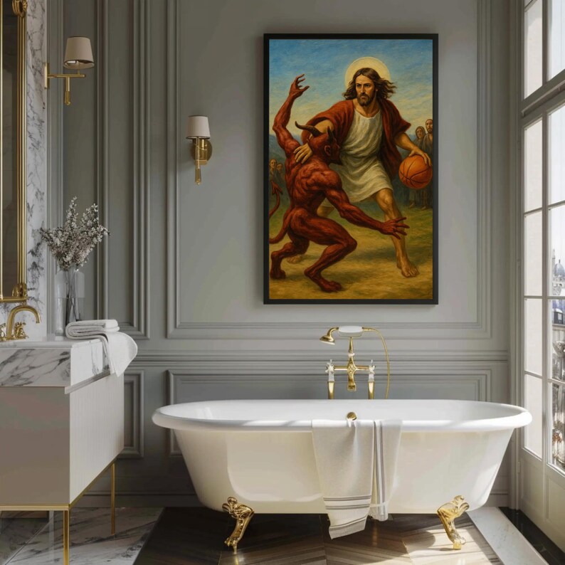 Funny Jesus Vs Devil Basketball Canvas Print - Ironic Christian Wall ...