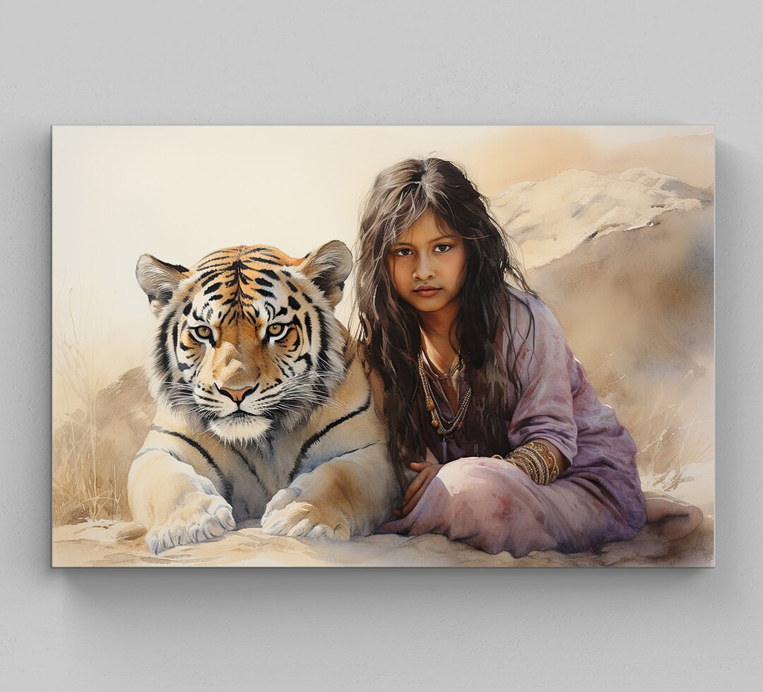 Girl With a Tiger Watercolour Painting, Indian Girl Painting, Tiger ...