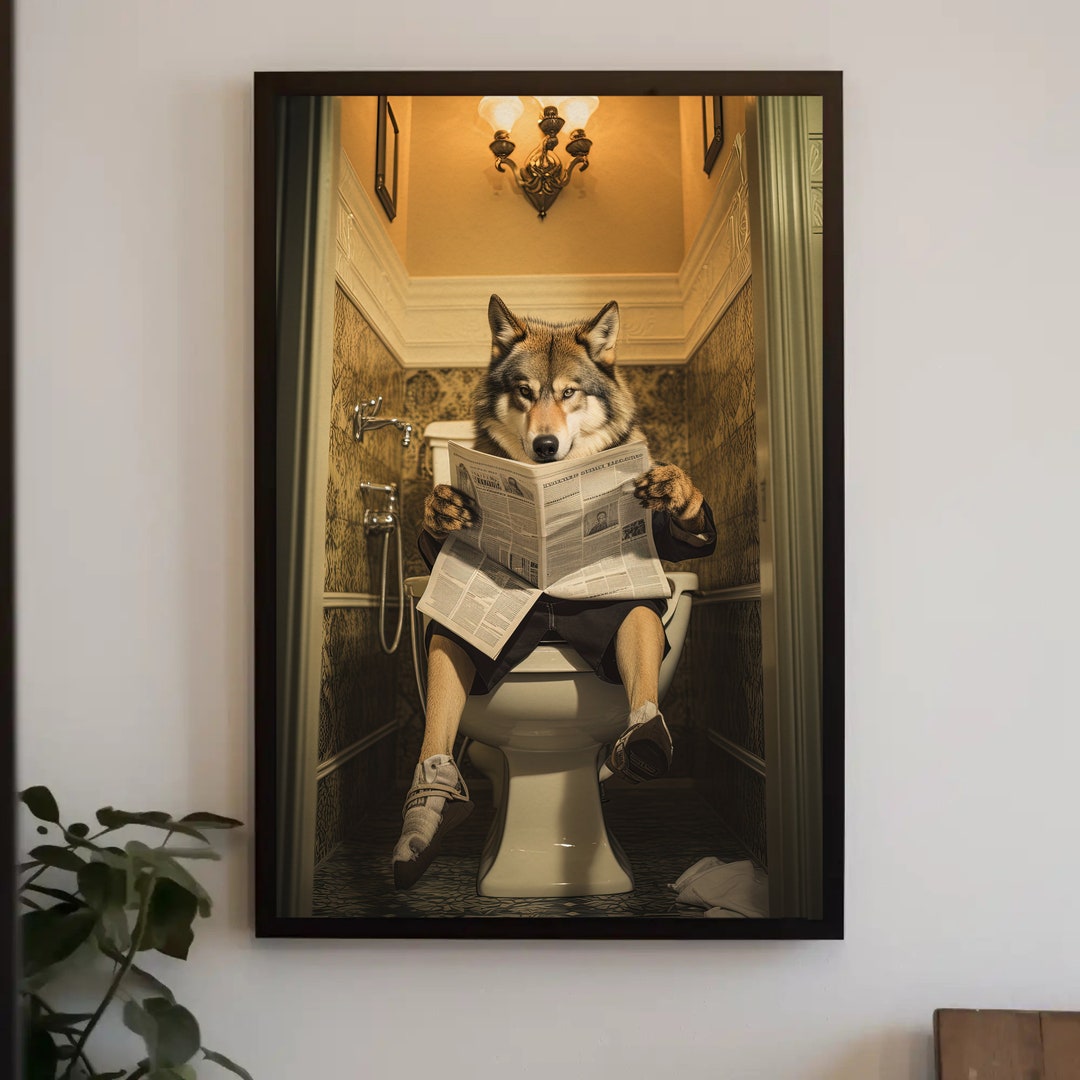Majestic Wolf Reading Newspaper on the Toilet Funny Bathroom Art Animal ...