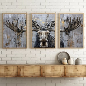 Rustic Moose Portrait Set of Three Split Canvas - Moose With Antlers ...