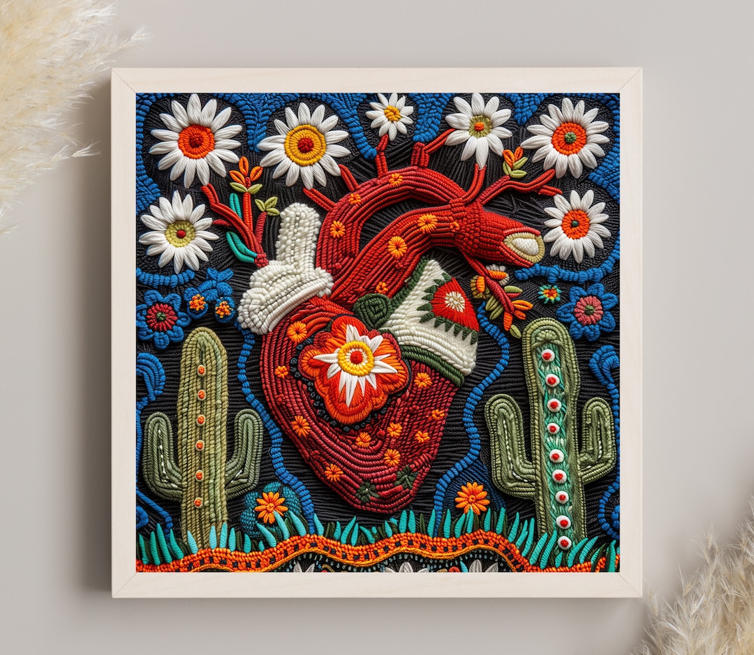 Cactus Flower Heart Huichol Art, Mexican Yarn Wall Decor, Modern Folk ...