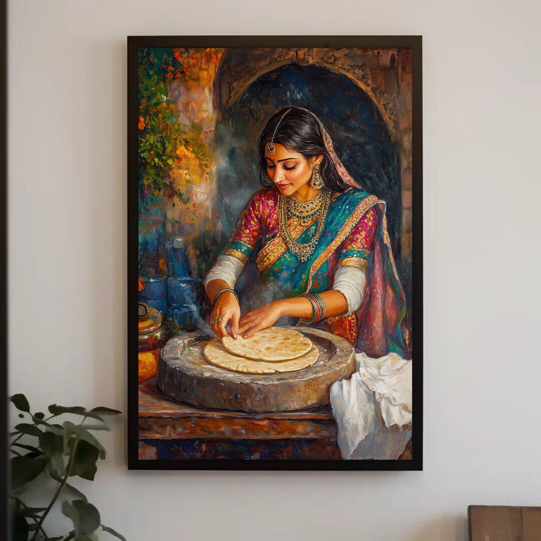 Indian Kitchen Wall Art Canvas, Traditional Indian Woman Making Roti ...