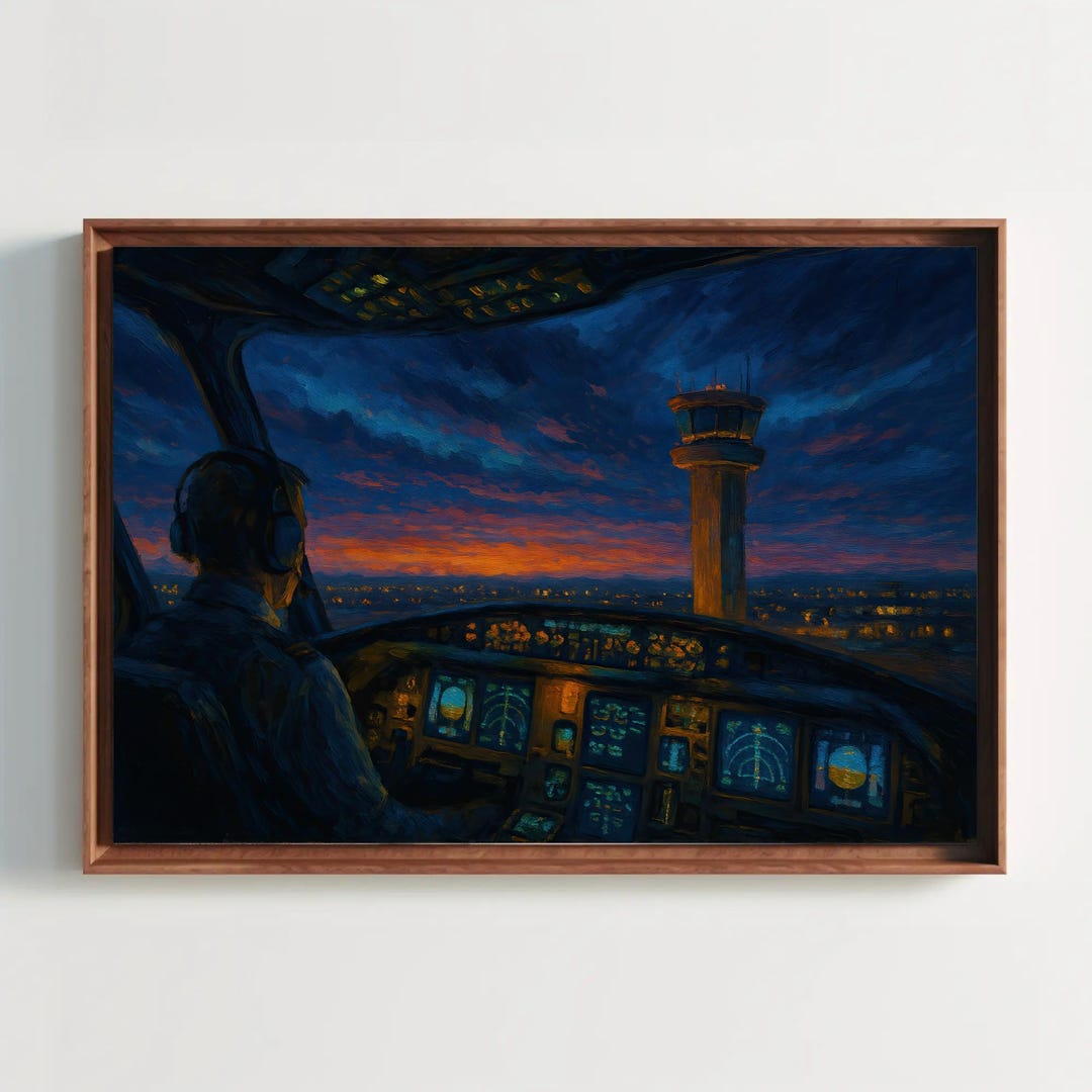 Pilot View Cockpit Painting Air Traffic Control Tower at Sunset Canvas ...